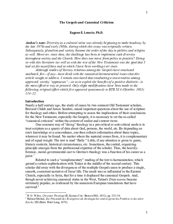 (PDF) The Gospels and Canonical Criticism