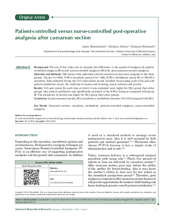 (PDF) Patient vs Nurse-Controlled Analgesia Post-Caesarean