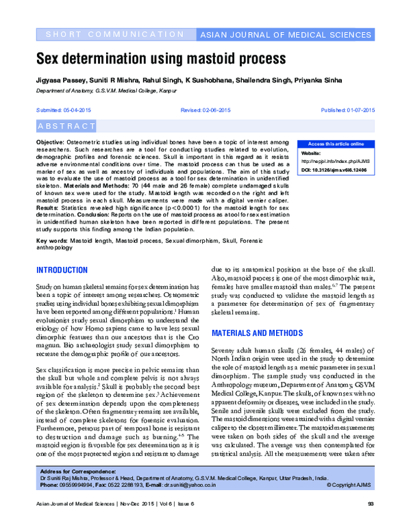 Pdf Sex Determination Using Mastoid Process