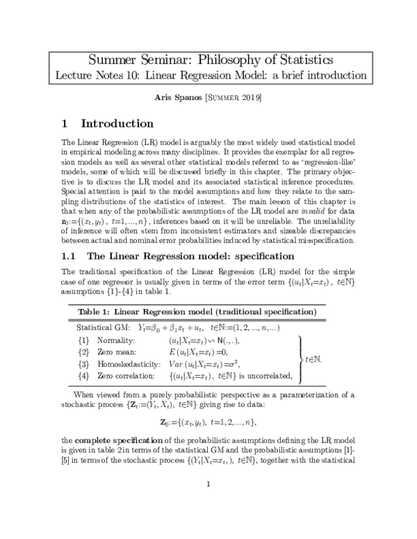 (PDF) Summer Seminar: Philosophy of Statistics Lecture Notes 10: Linear ...