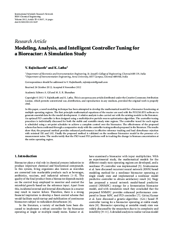 (PDF) Modeling, Analysis, and Intelligent Controller Tuning for a Bioreactor: A Simulation Study