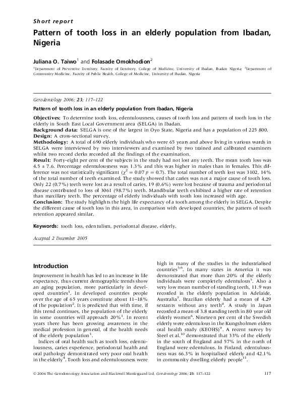 (PDF) Pattern of tooth loss in an elderly population from Ibadan, Nigeria