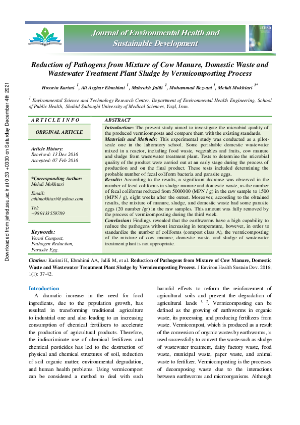 (PDF) Reduction of Pathogens from Mixture of Cow Manure, Domestic Waste ...