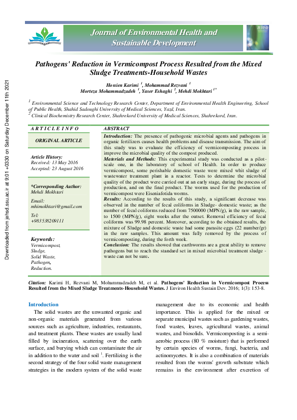 (PDF) Pathogens' Reduction in Vermicompost Process Resulted from the ...