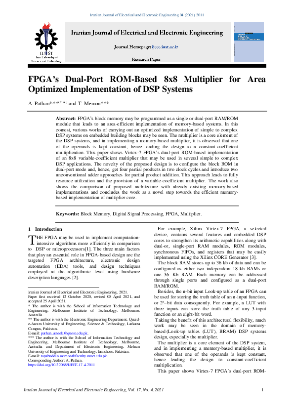 (PDF) FPGA’s Dual-Port ROM-Based 8x8 Multiplier for Area Optimized Implementation of DSP Systems