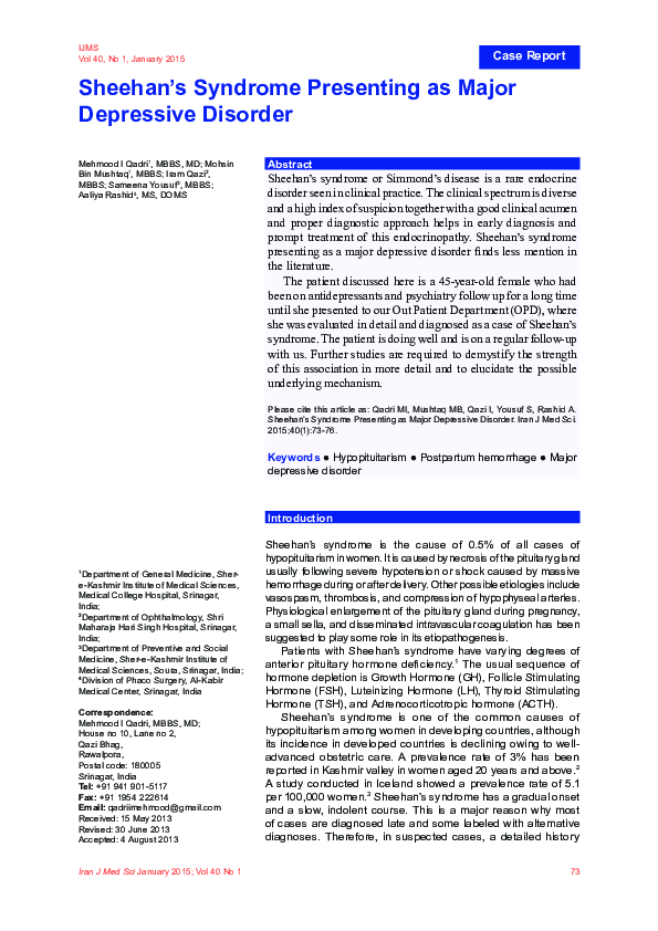 (PDF) Sheehan's Syndrome Presenting as Major Depressive Disorder