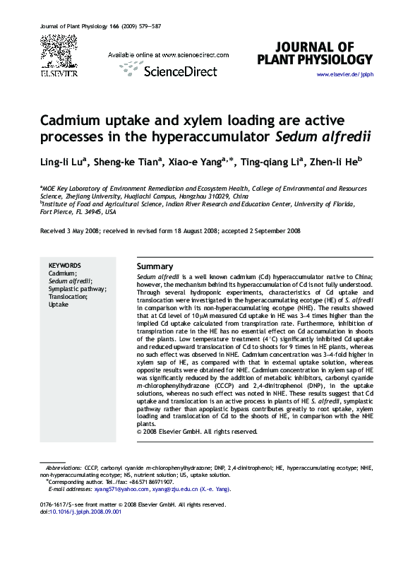 (PDF) Cadmium uptake and xylem loading are active processes in the ...