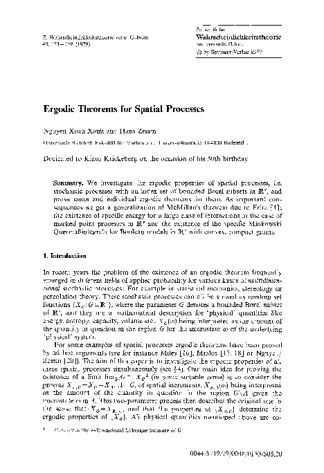 (PDF) Ergodic theorems for spatial processes | Hans Zessin - Academia.edu