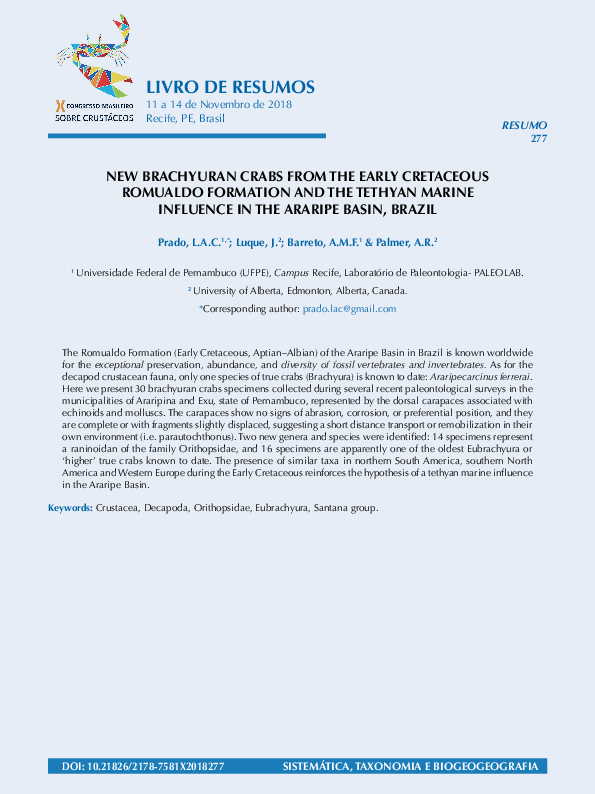 New Brachyuran Crabs from the Early Cretaceous Romualdo Formation and ...