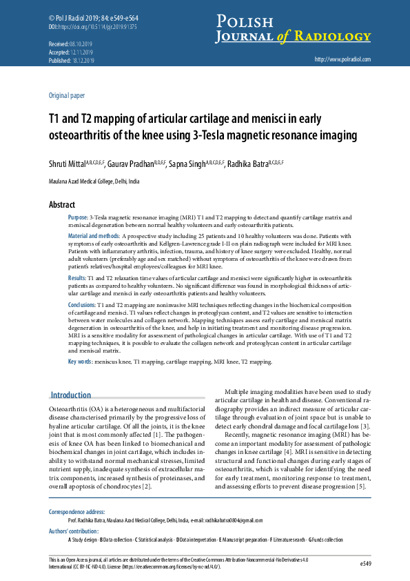 (PDF) T1 and T2 mapping of articular cartilage and menisci in early ...