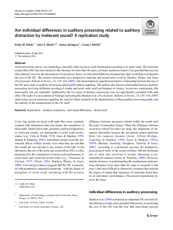(PDF) Auditory Distraction by Meaningless Irrelevant Speech: A Developmental Study