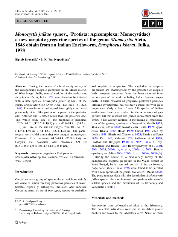 (PDF) Monocystis julkae sp.nov., (Protista: Apicomplexa: Monocystidae ...