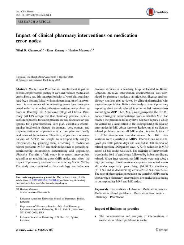 (PDF) Impact of clinical pharmacy interventions on medication error nodes