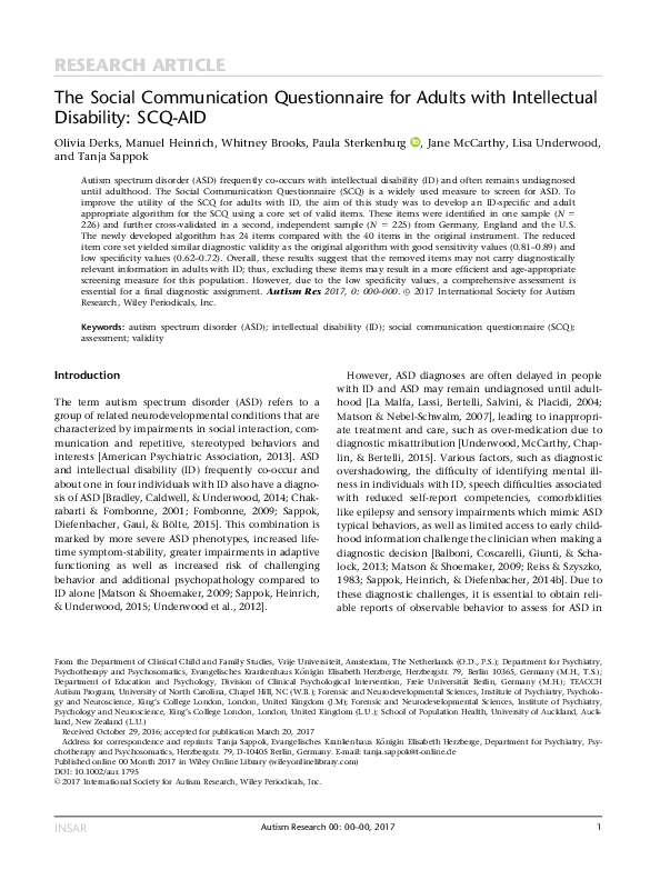 (PDF) The Social Communication Questionnaire for adults with ...