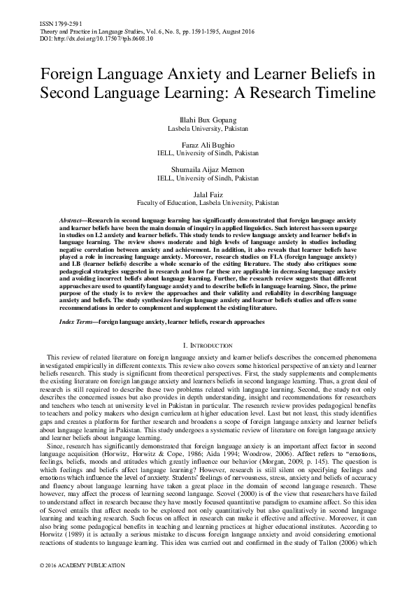 (PDF) Foreign Language Anxiety and Learner Beliefs in Second Language ...