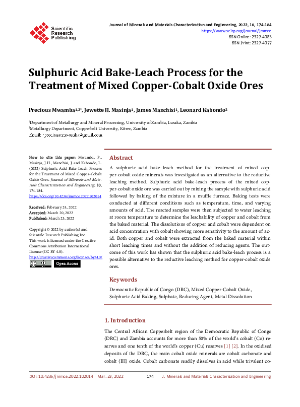 (PDF) Sulphuric Acid Bake-Leach Process for the Treatment of Mixed ...