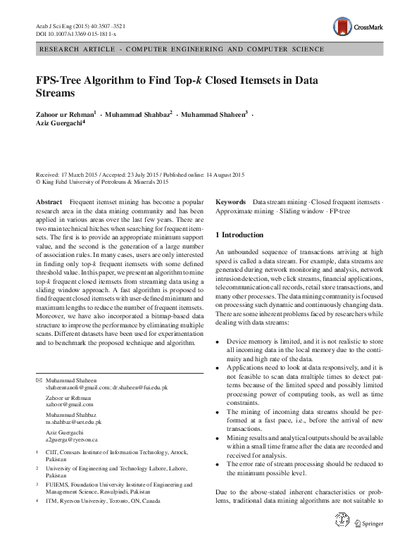 (PDF) FPS-Tree Algorithm to Find Top-k Closed Itemsets in Data Streams | Prof Dr Muhammad ...