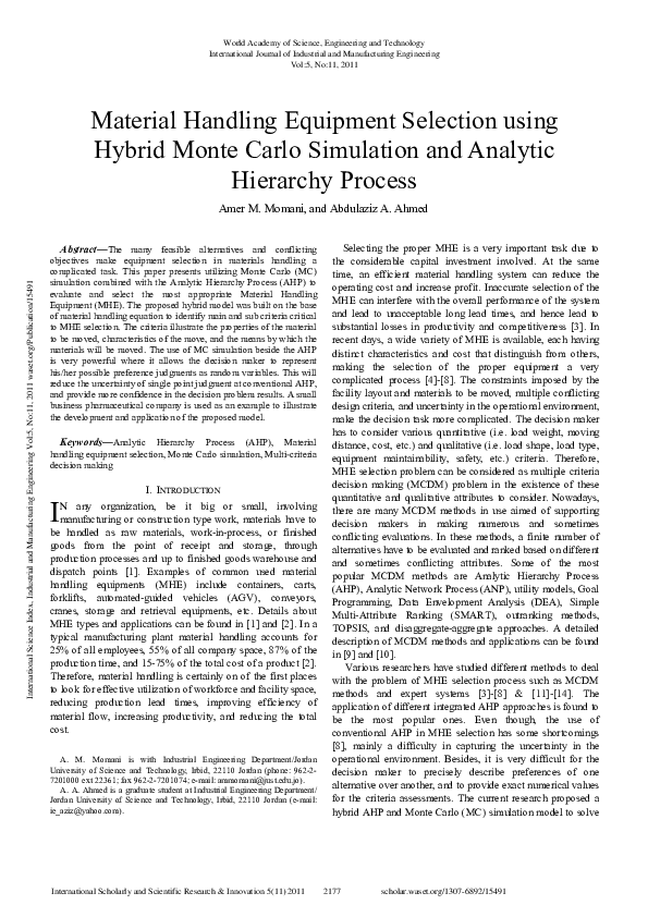 (PDF) Material Handling Equipment Selection Using Hybrid Monte Carlo Simulation And Analytic ...