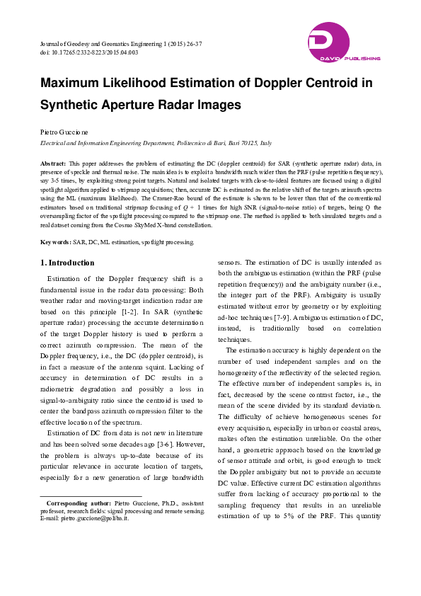 Pdf Maximum Likelihood Estimation Of Doppler Centroid In Synthetic