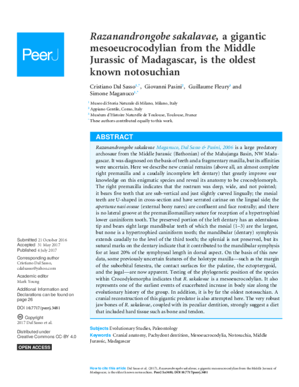 (PDF) Razanandrongobe sakalavae, a gigantic mesoeucrocodylian from the ...
