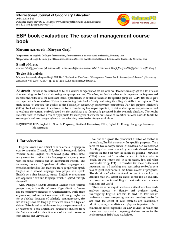 (PDF) ESP Book Evaluation: The Case of Management Course Book