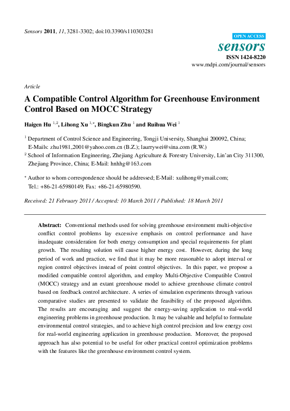 (PDF) A Compatible Control Algorithm for Greenhouse Environment Control Based on MOCC Strategy