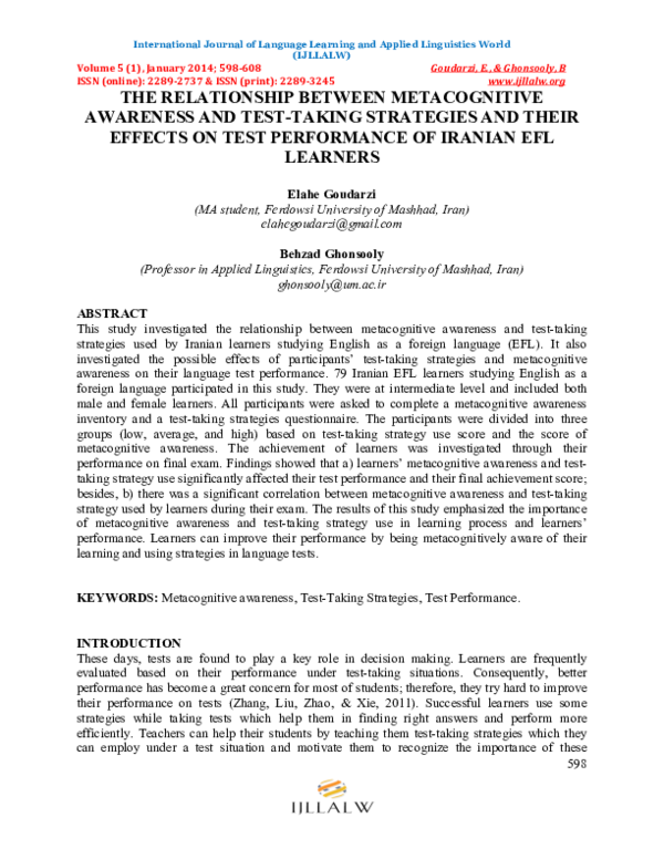 Pdf The Relationship Between Metacognitive Awareness And Test Taking Strategies And Their