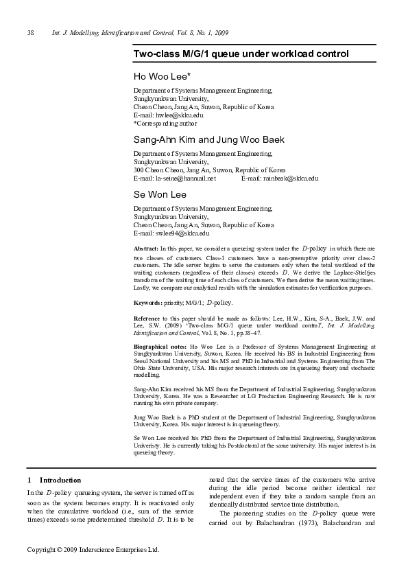 (PDF) Two-class M/G/1 queue under workload control