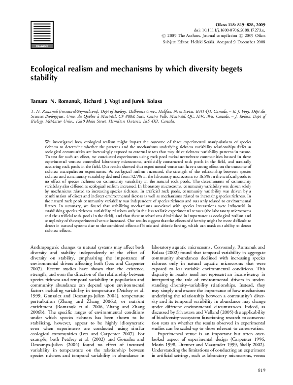 (PDF) Ecological realism and mechanisms by which diversity begets stability