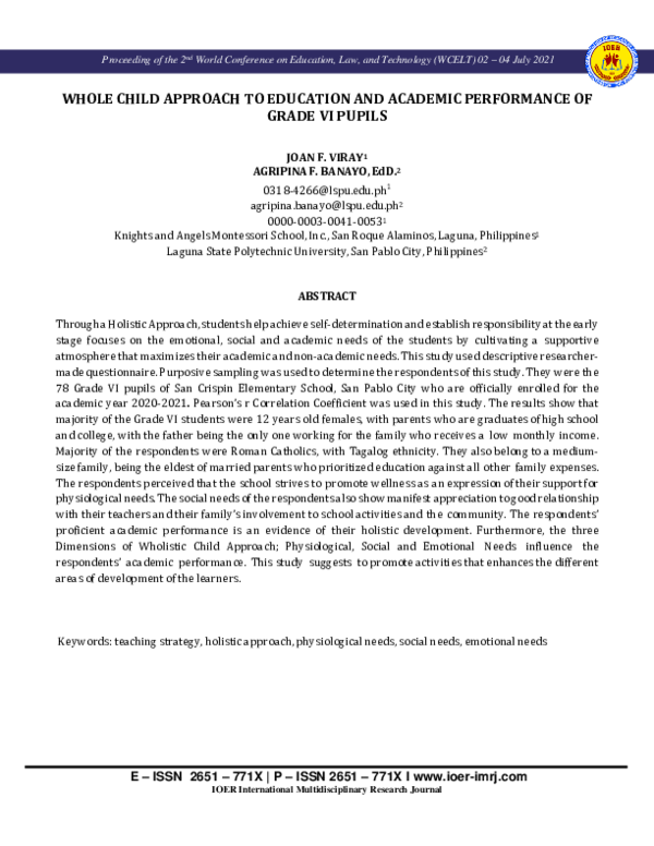 (PDF) Whole Child Approach to Education and Academic Performance of ...