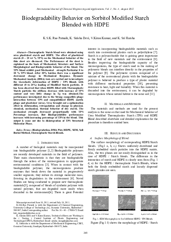 (PDF) Biodegradability Behavior on Sorbitol Modified Starch Blended with HDPE