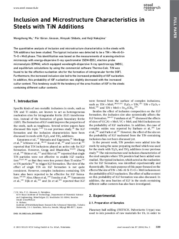 (PDF) Inclusion and Microstructure Characteristics in Steels with TiN ...