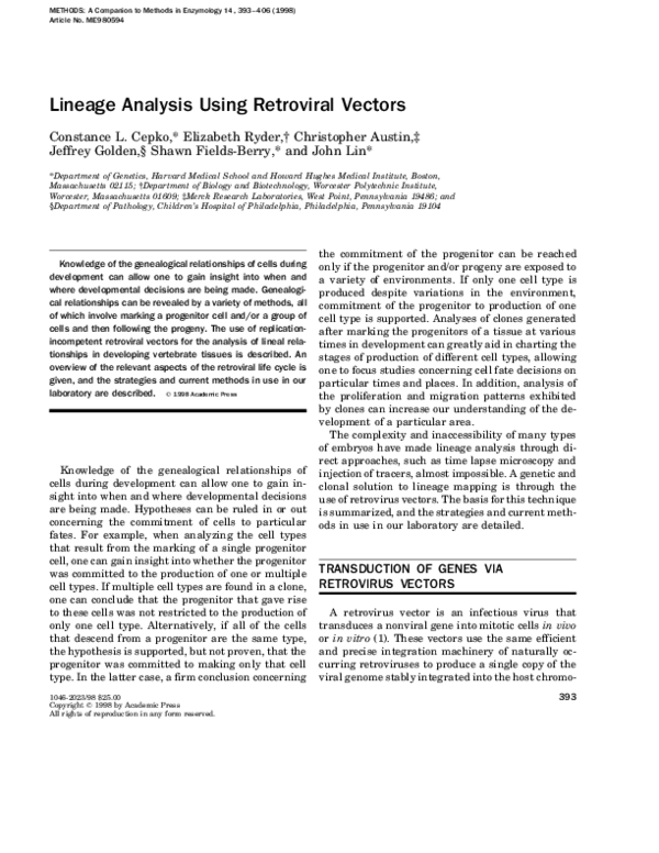 (PDF) Lineage Analysis Using Retroviral Vectors | Shawn Berry ...
