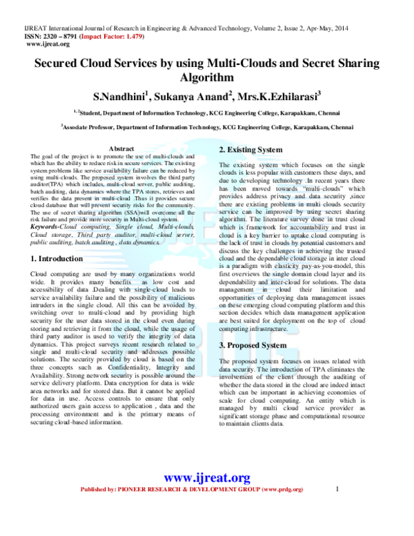 Pdf Secured Cloud Services By Using Multi Clouds And Secret Sharing Algorithm Sukanya Anand