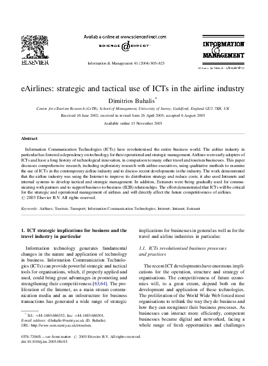 (PDF) eAirlines: Strategic and tactical use of ICTS in the Airline Industry