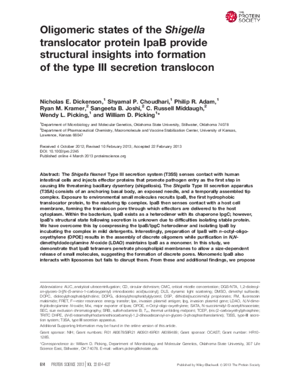 (PDF) Oligomeric states of the Shigella translocator protein IpaB ...