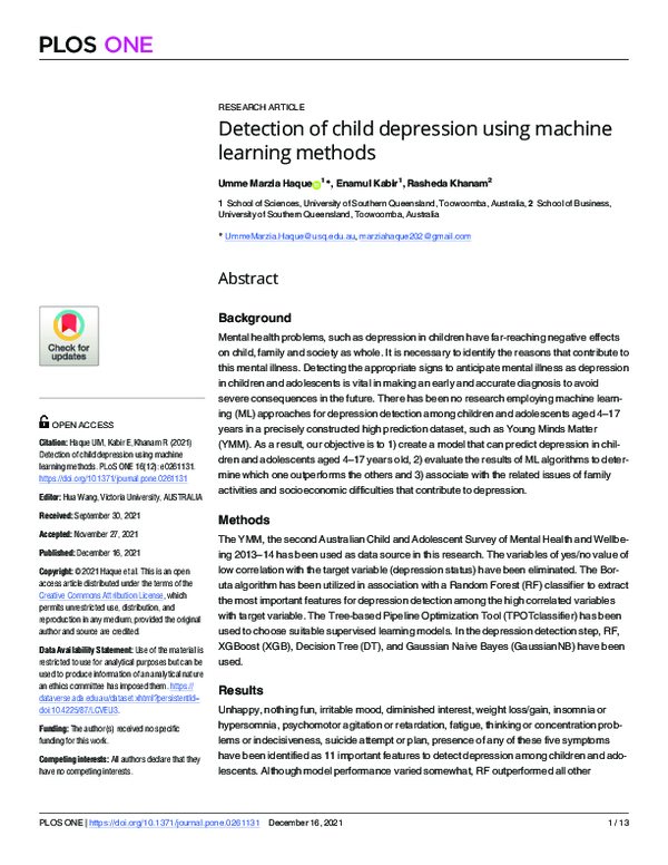 (PDF) Detection of child depression using machine learning methods