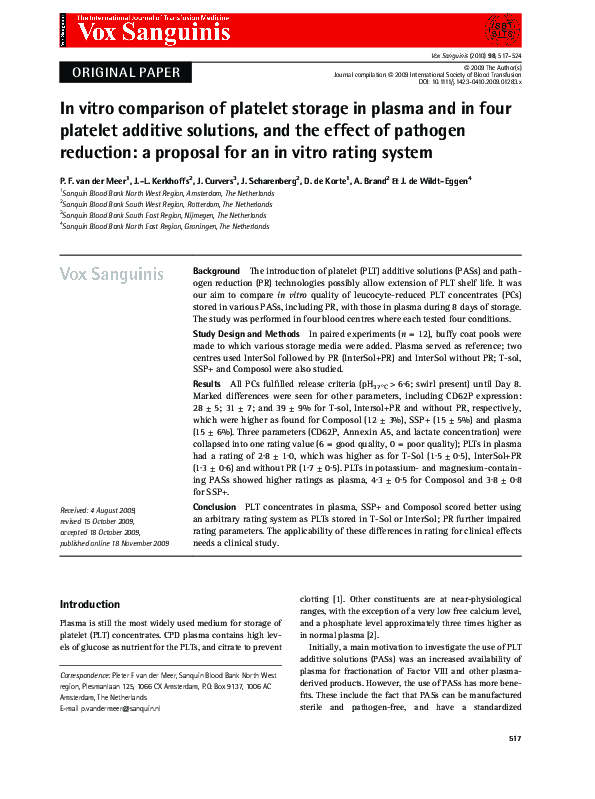 (PDF) In vitro comparison of platelet storage in plasma and in four ...