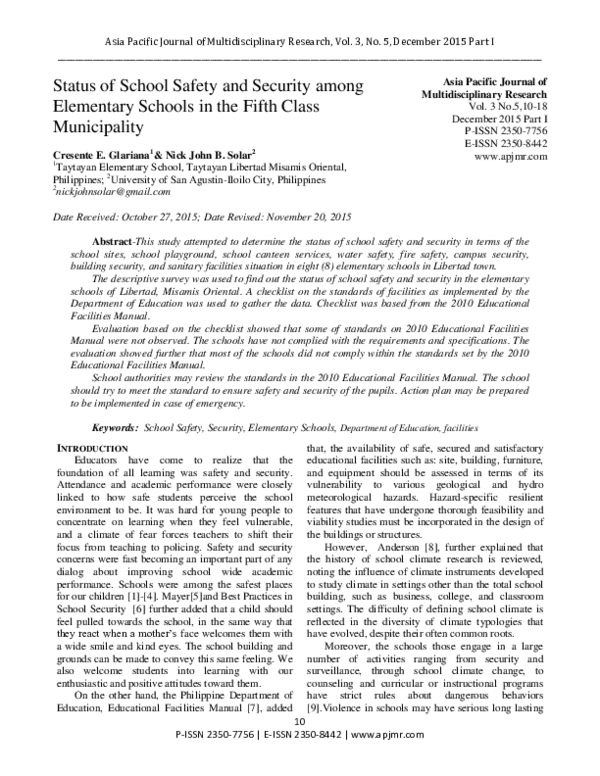(PDF) Status of School Safety and Security among Elementary Schools in ...