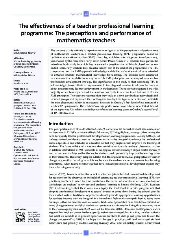 (PDF) The effectiveness of a teacher professional learning programme ...