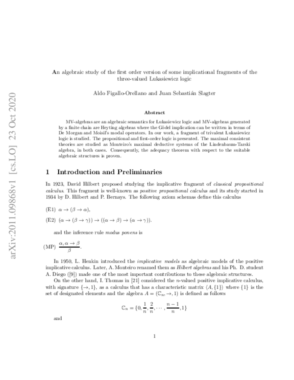 (PDF) An algebraic study of the first order version of some implicational fragments of the three ...