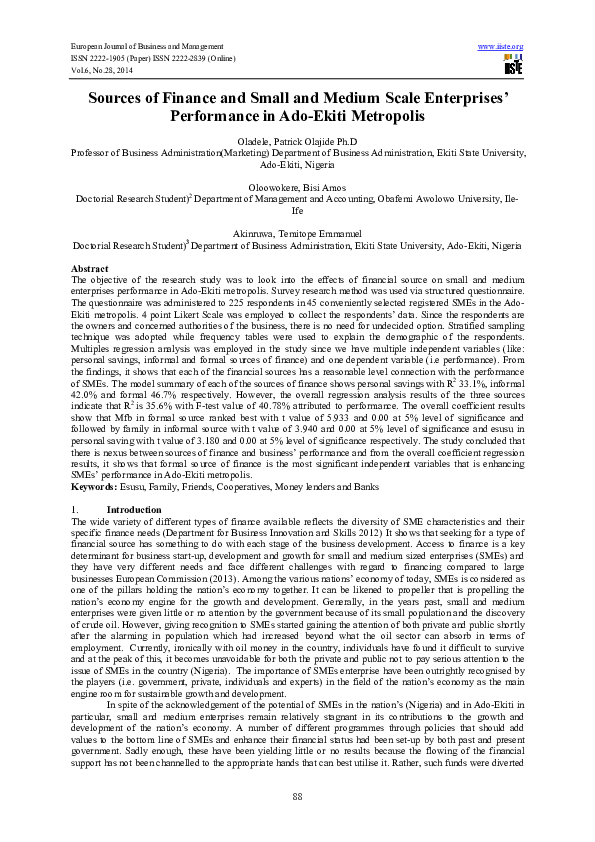 (PDF) Sources of Finance and Small and Medium Scale Enterprises’ Performance in Ado-Ekiti Metropolis
