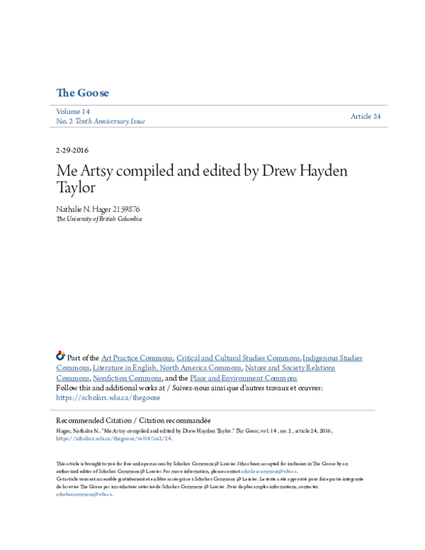 (PDF) Me Artsy compiled and edited by Drew Hayden Taylor