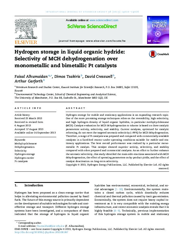 (PDF) Hydrogen storage in liquid organic hydride: Selectivity of MCH ...