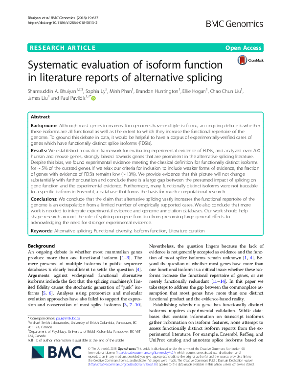 (PDF) Systematic evaluation of isoform function in literature reports ...