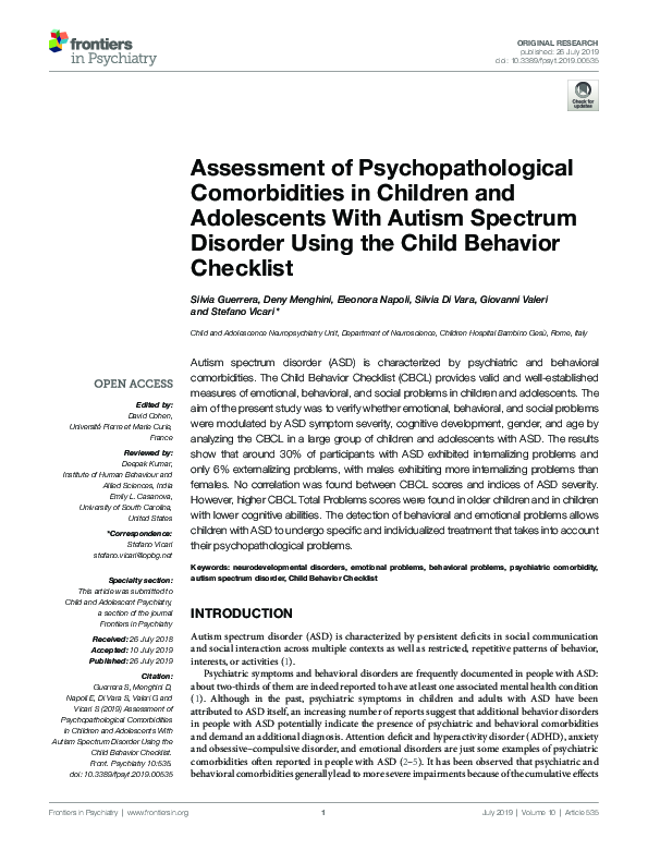 (PDF) Assessment of Psychopathological Comorbidities in Children and Adolescents With Autism ...