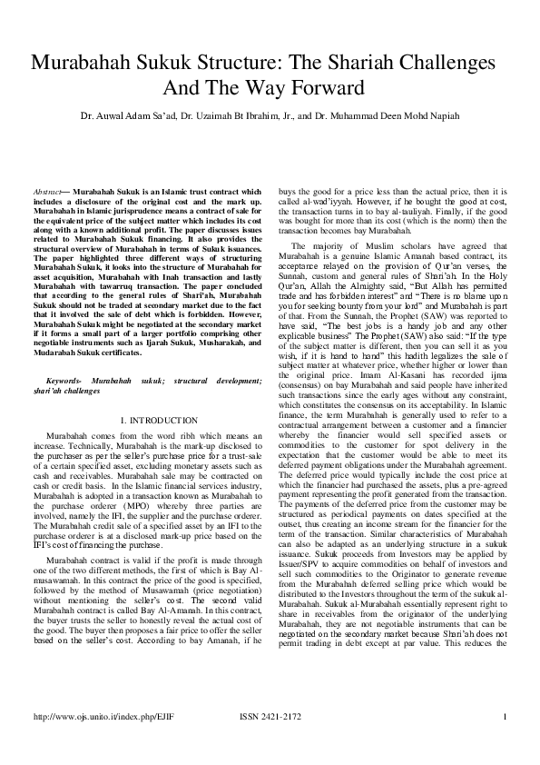 (PDF) Murabahah Sukuk Structure: The Shariah Challenges and the Way Forward