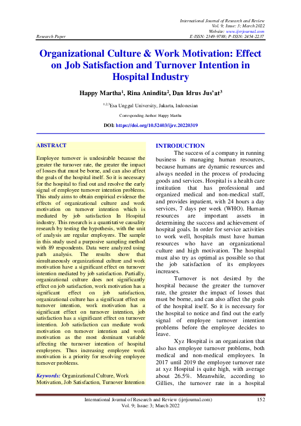 (PDF) Organizational Culture & Work Motivation: Effect on Job ...