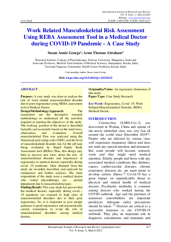 (PDF) Work Related Musculoskeletal Risk Assessment Using REBA ...