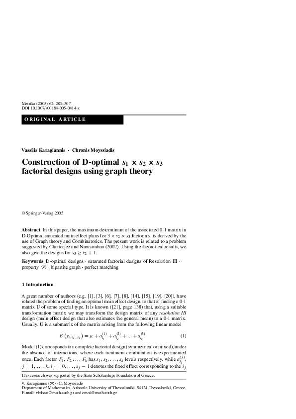 (PDF) Construction of D-optimal s1 × s2 × s3 factorial designs using ...